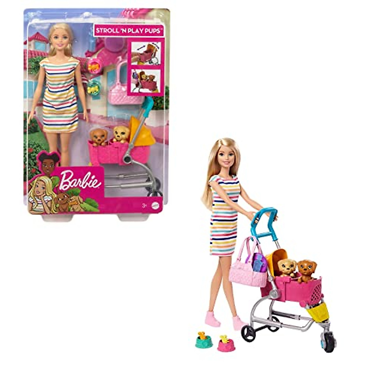 Barbie Dogwalking Doll & Accessories, Stroll & Play Pups Playset with Transforming Stroller, 2 Pets & Handbag, Blonde Doll