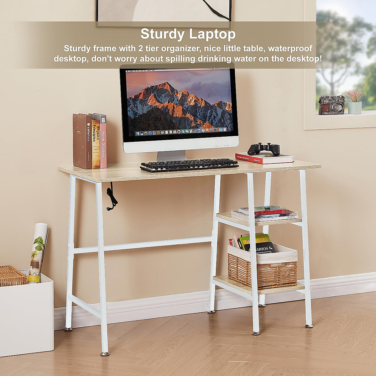 VECELO Computer Desk with USB Charging Port &Power Outlet, Teen Study Table with Storage Shelves for Home Office, 43 Inch Work Desk Charging Station, Oak