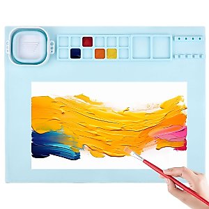 OTYMIOW Silicone Painting Mat with Cup, 20"X16" Silicone Art Mat, Silicone Craft Mat with Cup and Palette, Silicone Paint Tray for Painting, Art, Handmade, Make Mold, and DIY Creations Blue