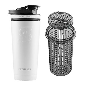 Ice Shaker 26 Oz Shaker Bottle, Stainless Steel Water Bottle and Protein Shaker, White + Fruit Infuser Attachment