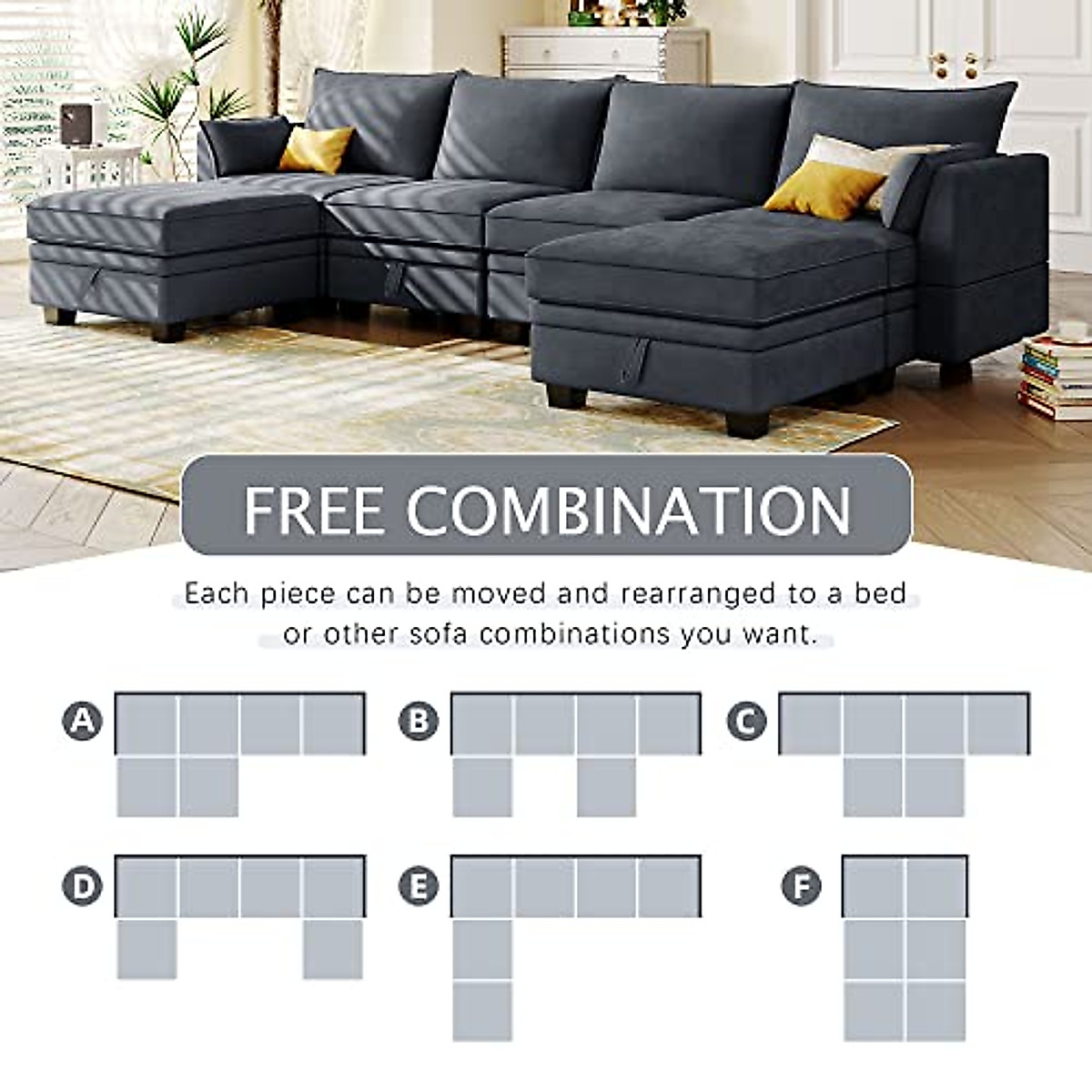 YUNLife&Home U-Shaped Oversized Modular Sectional Sofa,Convertible Sleeper Couch Bed with Reversible Chaise Lounge,Upholstered Tufted Cushion 6-Seat Sofá&Couches for Living Room Furniture Set