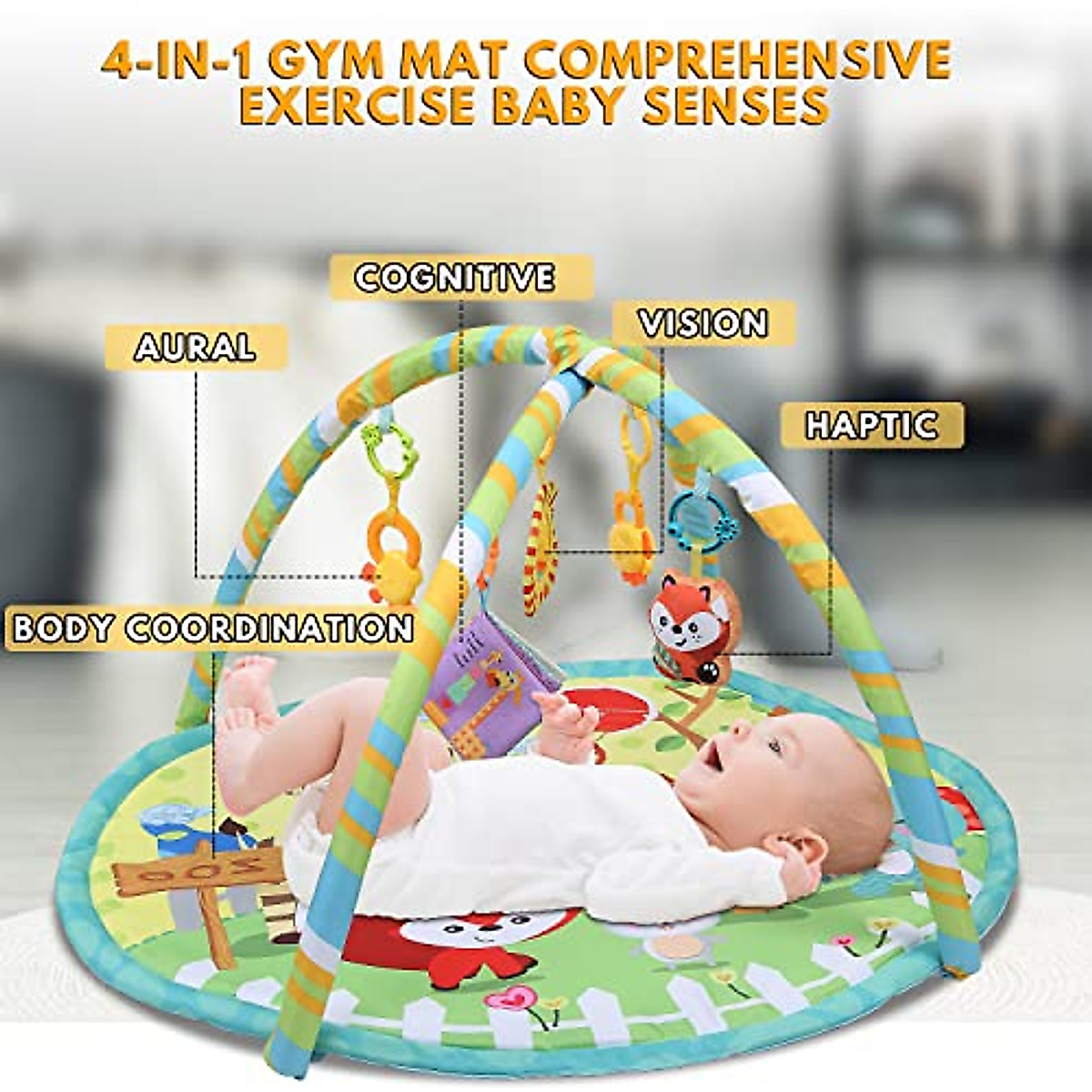 Kirumie Baby Play Gym, Baby Play Mats for Babies and Toddlers with 5 Toys. Visual, Hearing, Touch, Cognitive Development Baby Tummy Time Activity Mat, Gift Idea for Newborns with Storage Bag.