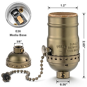 Pull Chain Lamp Socket Replacement, E26 Standard Threaded Base, Lamp Parts for Table and Floor Lamps, Light Bulb Socket with Pull Chain Lamp Switch, UL Listed, 1 Pack (Antique Brass)