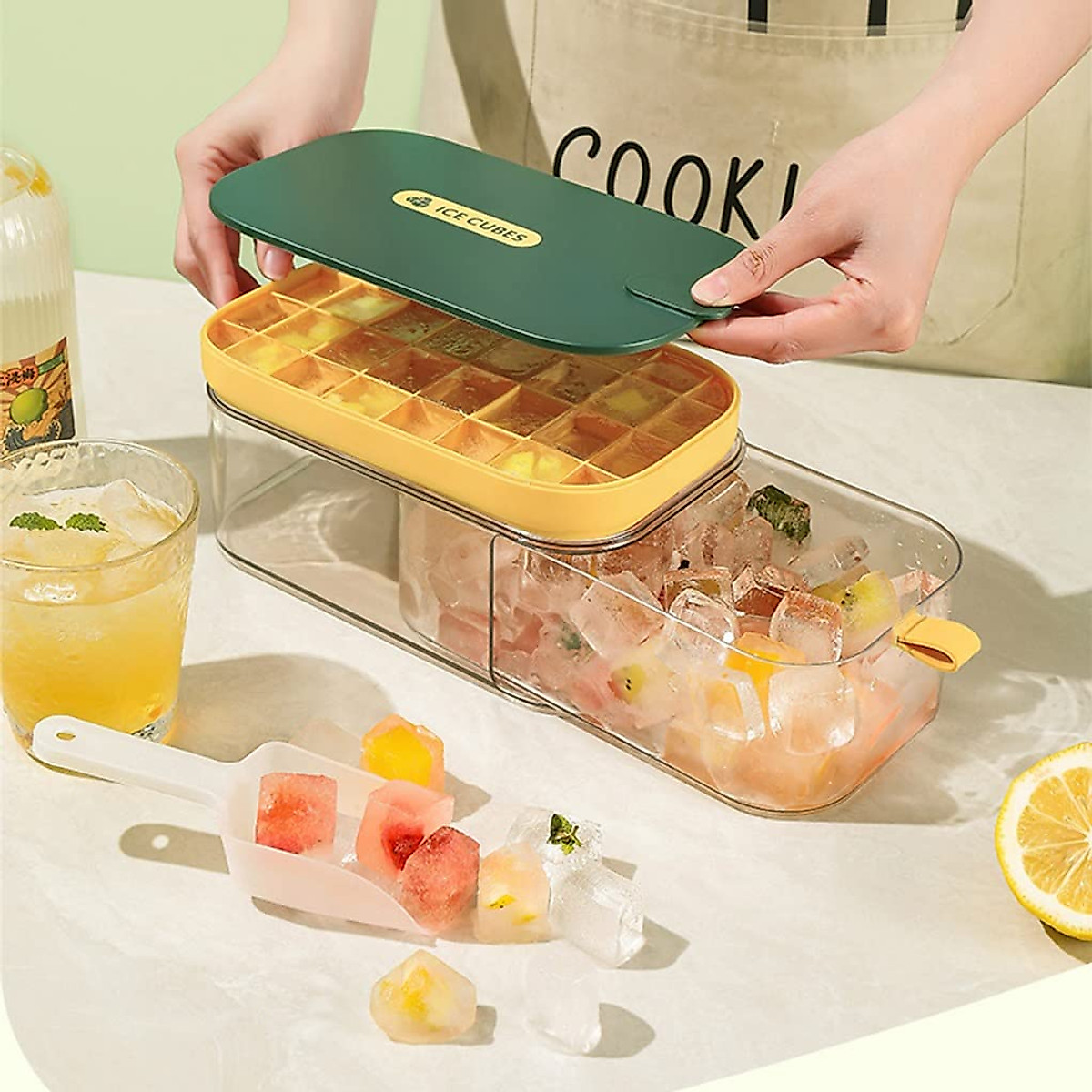 2Pcs Ice Cube Tray for Freezer, Silicone Ice Cube Tray with Lid and Bin, 32 Ice Cube Molds, Easy Release for Drink, Cocktails, Whiskey (Color : Blue)