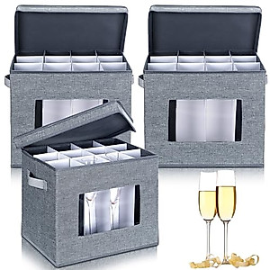Norme 3 Pcs Wine Glasses Storage Box with Dividers, 12 Compartments Champagne Flute Storage Box with Lid Handle Window China Storage Containers Hard Glass Holder Packing Boxes for Moving