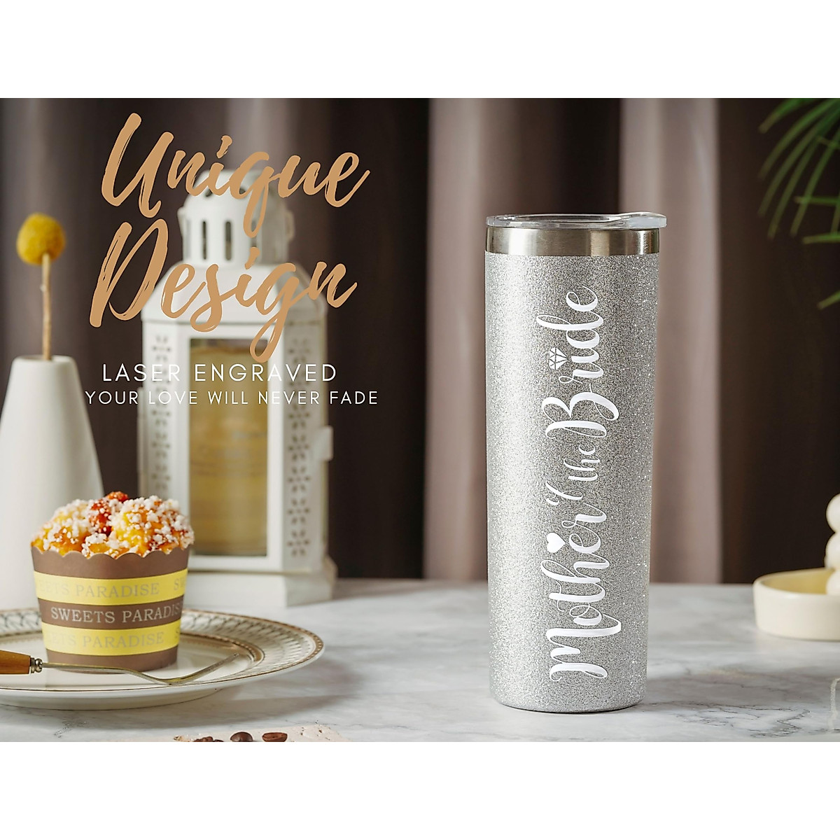 Onebttl Mother of The Bride Gifts, 20oz Stainless Steel Skinny Tumbler with Lid and Straw On Wedding Party for Brides Mom from Brides, Daughters (Gliter Silver)