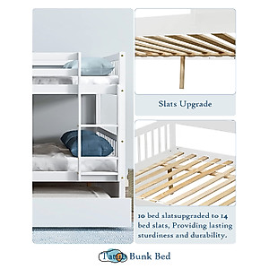 Tatub Full Over Full Bunk Bed with Trundle, Pine Wood Frame, Ladder and Guard Rails, Solid Bunk Bed with Trundle for Kids, Teens, Adults, No Box Spring Needed, Grey