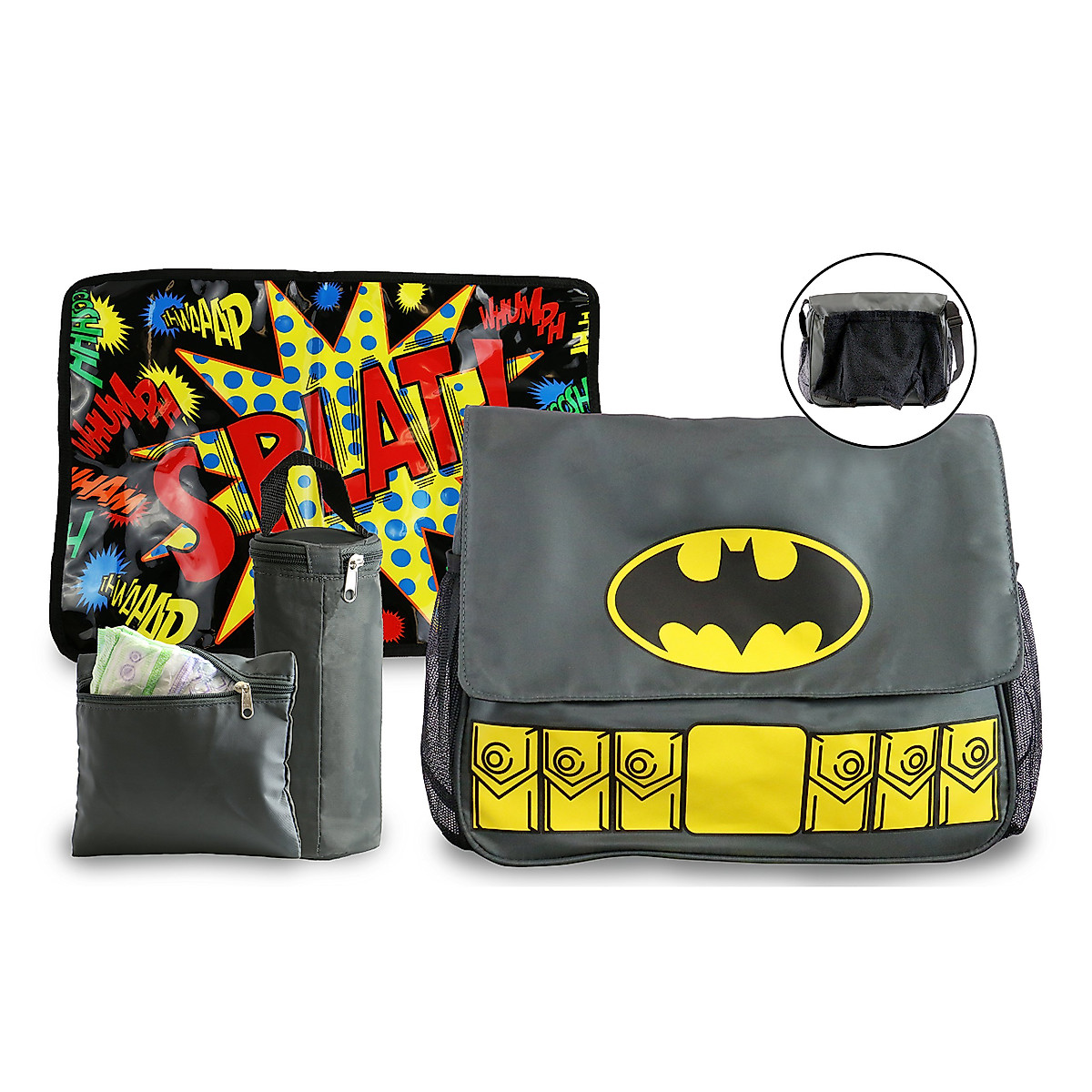 DC Comics Batman Grey Diaper Bag Includes Changing Pad and Bottle Pouch