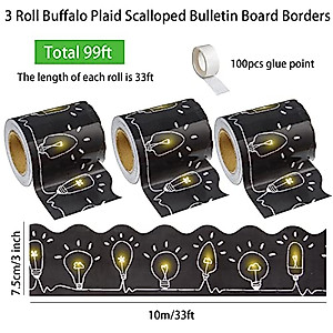 99 Feet Bulletin Board Border, 3 Rolls Light Bulbs Scalloped Borders Trim Card Stock Lightbulbs Classroom Bulletin Board Border Trim for Back to School Chalkboard Whiteboard Decorations