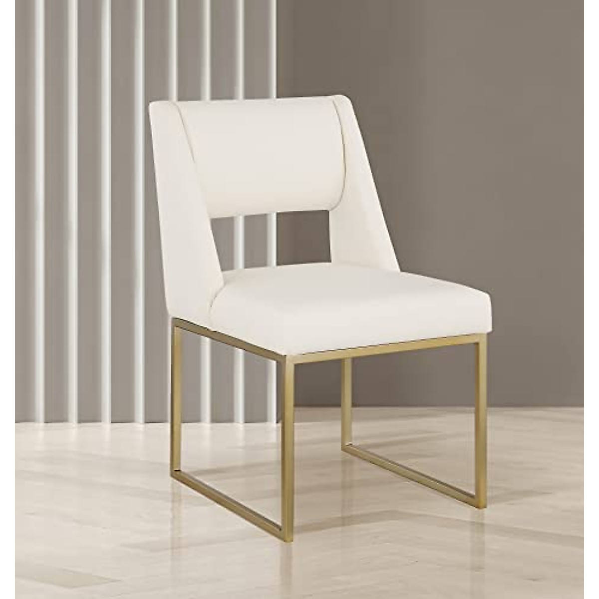 Meridian Furniture Jayce Collection Modern | Contemporary Faux Leather Upholstered Dining Chair with Brushed Gold Metal Base, Set of 2, Cream
