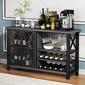 OIOG Wine Cabinet with Removable Wine Rack and Glass Holder, Wine Bar Cabinet for Liquor, Home Bar Coffee Cabinet Sideboards with Metal Mesh Doors for Living Room(Gray)