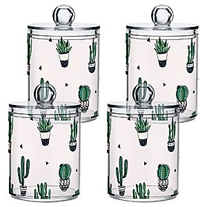 Fustylead 4 Pack Vintage Cactus Plastic Apothecary Jars with Lid, Bathroom Vanity Storage Organizer Canister for Qtip, Cotton Ball, Swab, Round Pads, Floss