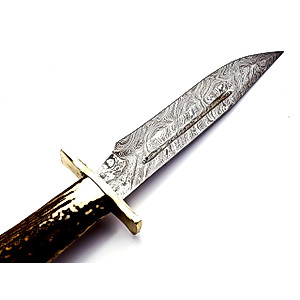 Skokie Knives Damascus Steel Bowie Knife Bull Horn Handle with & Brass Guard –16” Handmade Premium Quality Sharp Edge Fix Blade -Genuine Multipurpose Knife Ideal for Hunting, Camping (Stage B)