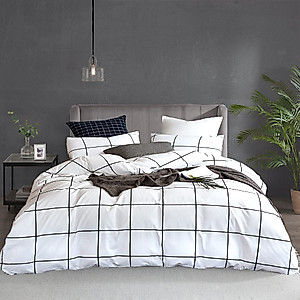 KAREVER White Grid Comforter Set Big Grid Queen Cotton White Black Plaid Printed Stripes Women Checkered Queen Comforters Bedding Set Bed Blanket Set White Plaid Comforter