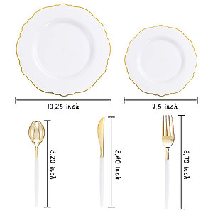 WDF 30Guest Gold Plastic Plates Disposable - Gold Plastic Silverware With White Handle Baroque Plates Disposable for Weddings, Parties, Mother's Day