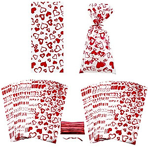 SaktopDeco 100 PCS Red Heart Cellophane Bags Goody Bags Plastic Bags Cookie Bags Valentine Cellophane Bags for Party Birthday Supplies