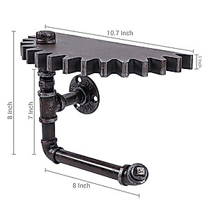 MyGift Wall Mounted Black Patina Metal Floating Shelf with Industrial Metal Pipe Wall Bracket, Hanging Shelf Rack with Steampunk Gear Design