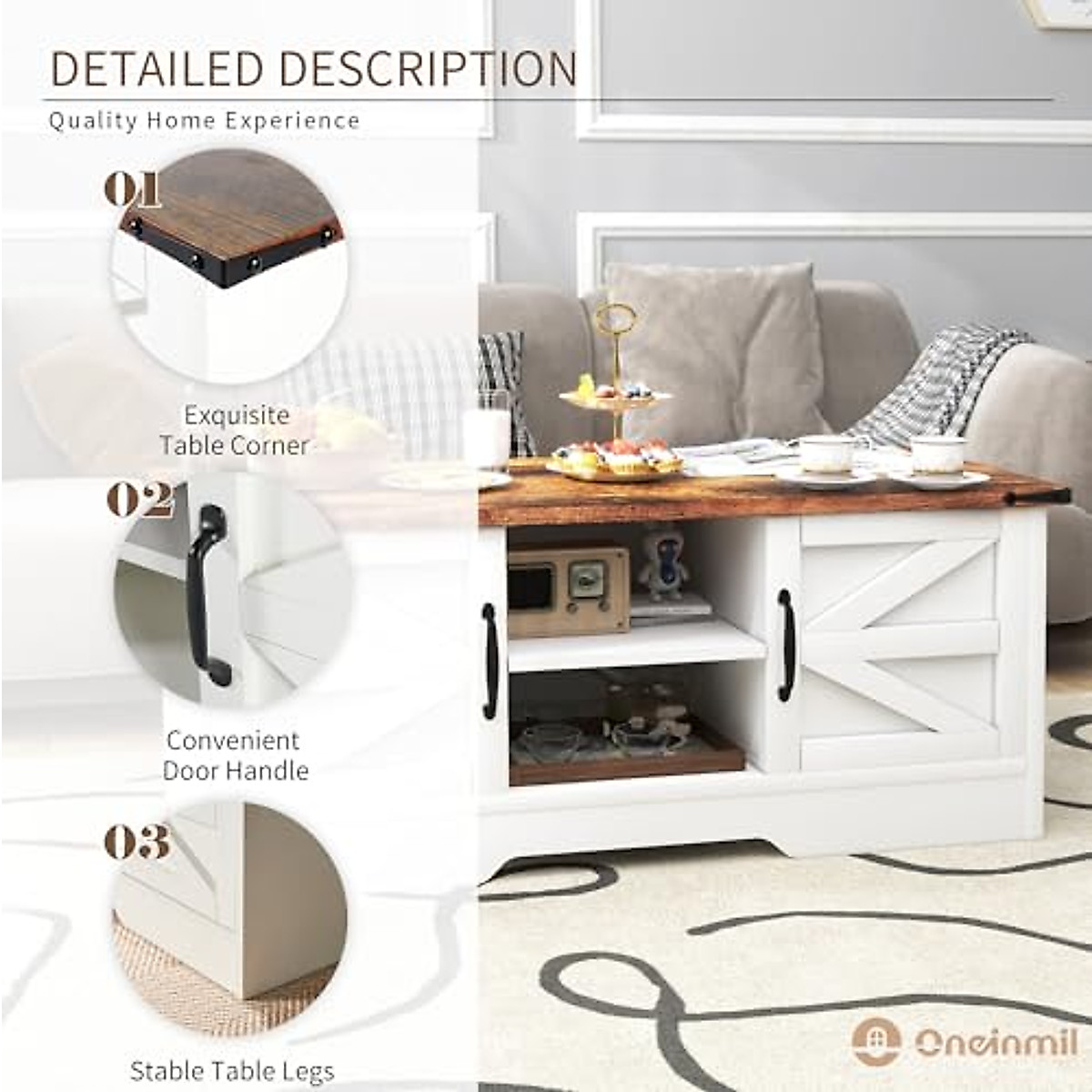 oneinmil Coffee Table with Barn Doors, Farmhouse Center Table with Storage, Modern Rustic Style Wooden Living Room Table, White