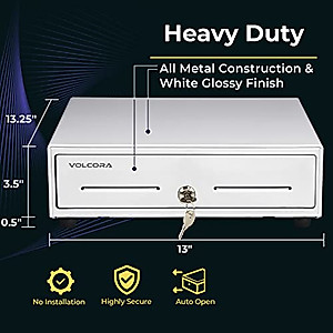 Volcora 13" Cash Register Drawer for Point of Sale (POS) System with Fully Removable 2 Tier Cash Tray, 4 Bill/5 Coin, 24V, RJ11/RJ12 Key-Lock, Double Media Slot, Small Square Money Drawer, White