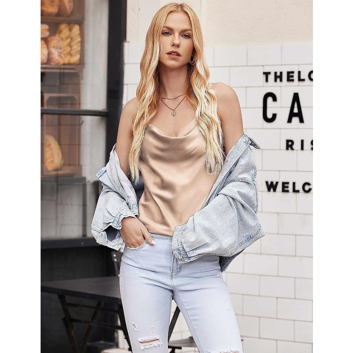 Ekouaer Satin Cowl Neck Tank Top Women Camisole Silky Loose Sleeveless Basic Blouse Ladies Satin Tank Shirt Champagne