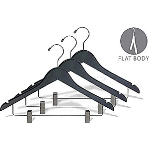 Black Rubberized Wooden Combo Hangers with Adjustable Cushion Clips, Flat Rubber Coated Hangers with Chrome Swivel Hook & Notches (Set of 50) by The Great American Hanger Company