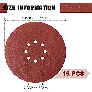 9 Inch 8 Hole Sanding Disc, GOH DODD 40 Grit 15 Pieces Hook and Loop Sandpaper Aluminum Oxide Sanding Pads Sand Paper for Drywall Sander