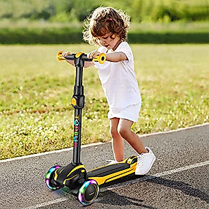 TONBUX Kids Scooter for Age 3-12, Toddler Scooter with 4 Adjustable Heights, Light Up 3-Wheels Scooter, Shock Absorption Design, Lean to Steer, Balance Training Scooter for Kids - Yellow