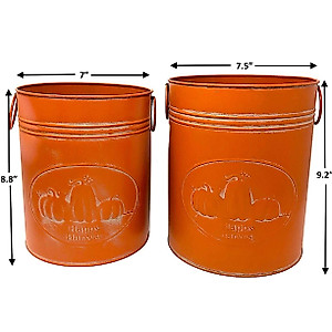 DNS Happy Harvest Buckets Large Metal Galvanized Burnt Orange Pumpkin Theme Containers Thanksgiving Fall Decorative Organizer (Set of 2) 9.2" & 8.8"