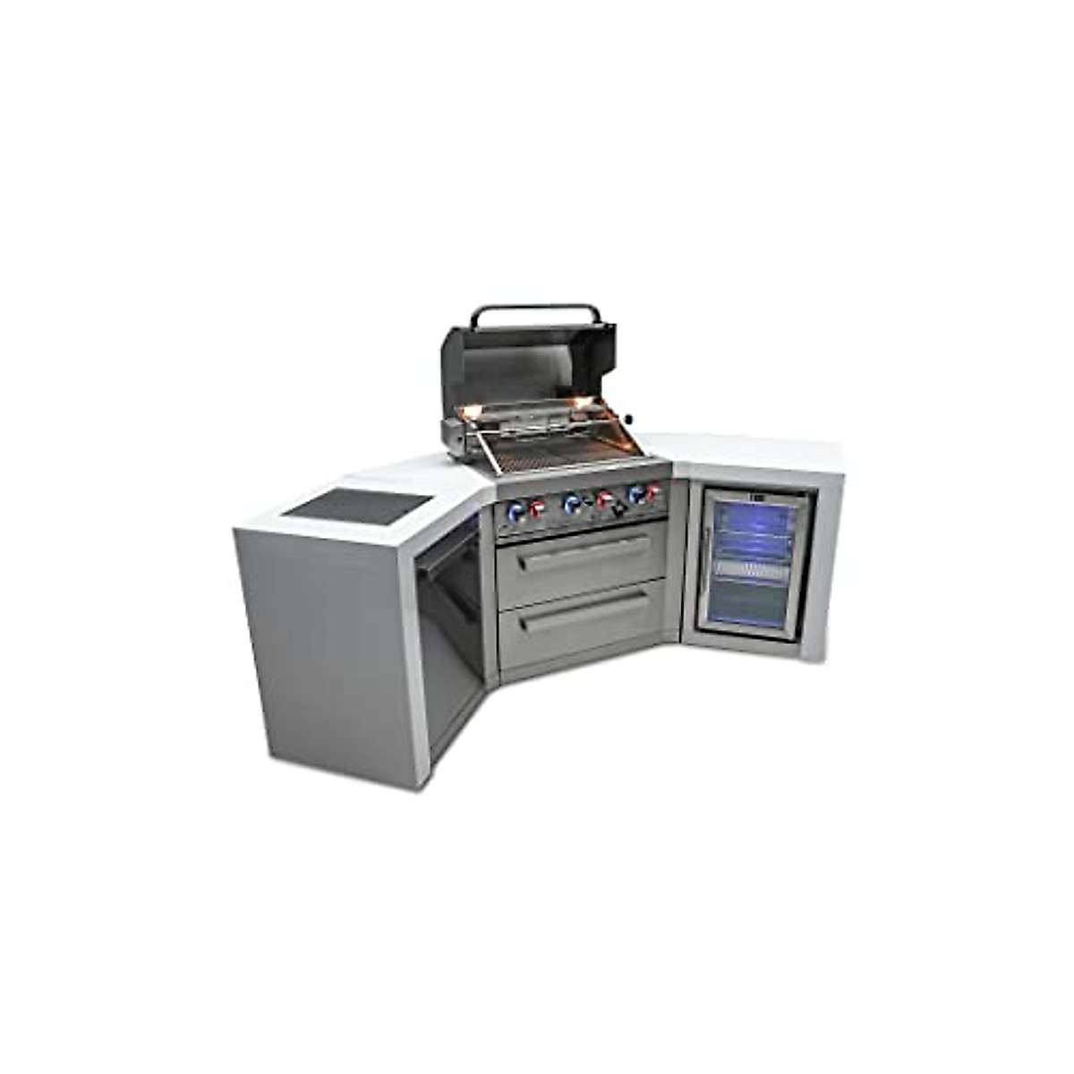 Mont Alpi MAi400-D45FC 32-Inch 4-Burner 78000 BTU 45-Degree Deluxe Stainless Steel Island Outdoor Kitchen Gas Barbecue Island Grill + Compact Refrigerator Wine Cooler + Infrared Side Burner