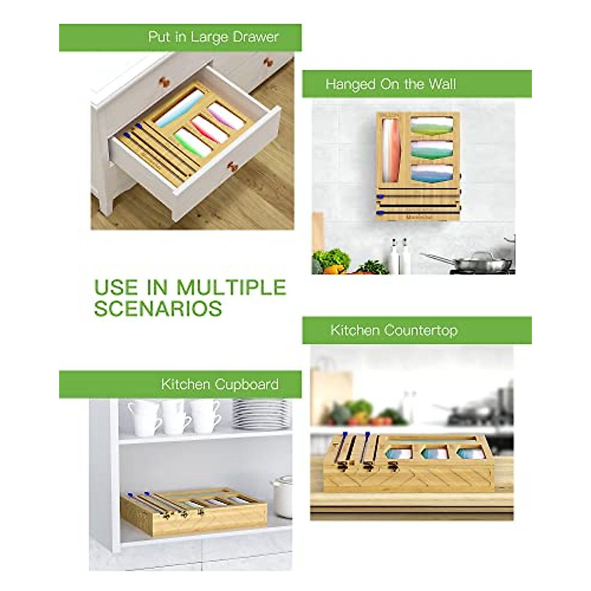 Bamboo Ziplock Bag Storage Organizer, 6 In 1 Foil and Plastic Wrap Organizer for Kitchen Drawer, Uamector  Aluminum Foil Dispenser with Cutter, Compatible within 12" Roll 