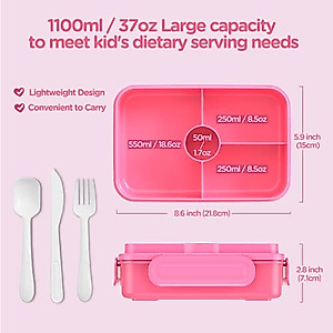 Jelife Kids Lunch Bento Box, Large Bento-Style Leakproof Lunch Boxes 4 Compartments Girls Snack Lunch Containers with Tableware for Back to School, Reusable On-the-Go Meal and Snack Packing, Pink