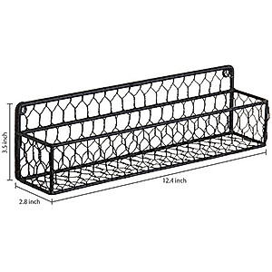 MyGift Wall Spice Racks, 12-Inch Black Chicken Wire Hanging Kitchen Seasoning Condiment Organizer Shelf, Set of 2