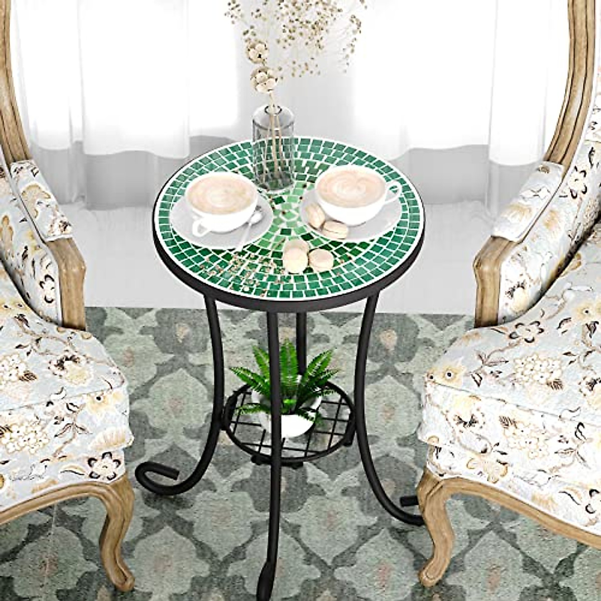 FROMJBEST Mosaic Outdoor Side Table, Patio Side Table, Weather Resistant 14" Diameter 21" H Ceramic Tile Round Outside Table for Patio, Porch, Garden, Pool, Indoor&Outdoor,Plant Stand (Vortex)