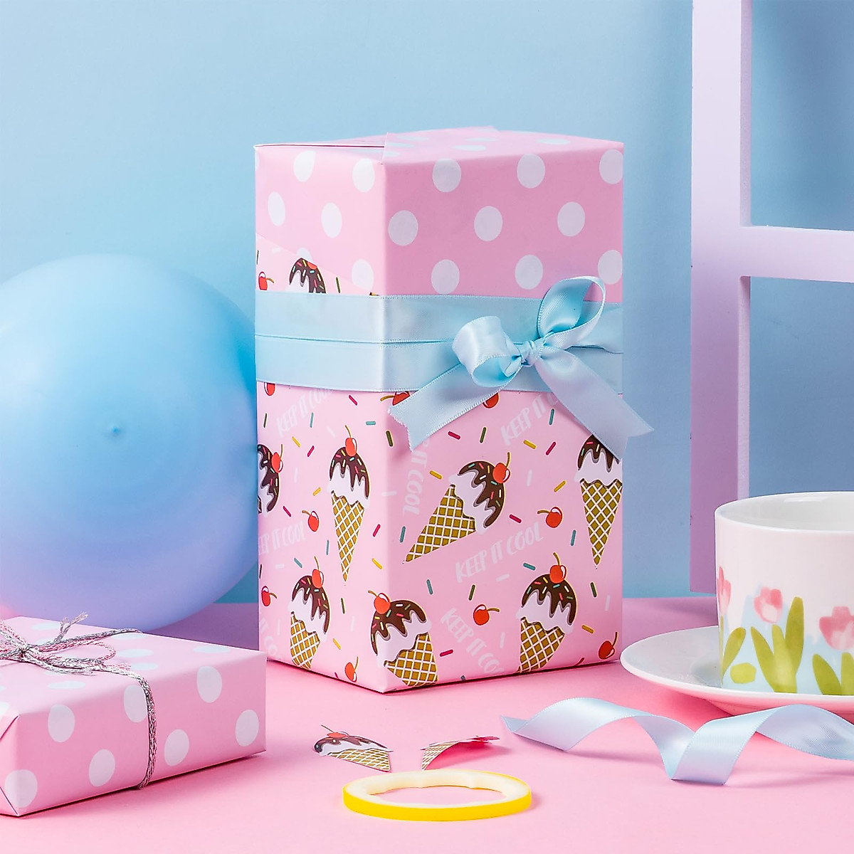 WRAPAHOLIC Reversible Wrapping Paper - Mini Roll - 17 Inch X 33 Feet - Ice-Cream Design for Birthday, Holiday, Party, Baby Shower