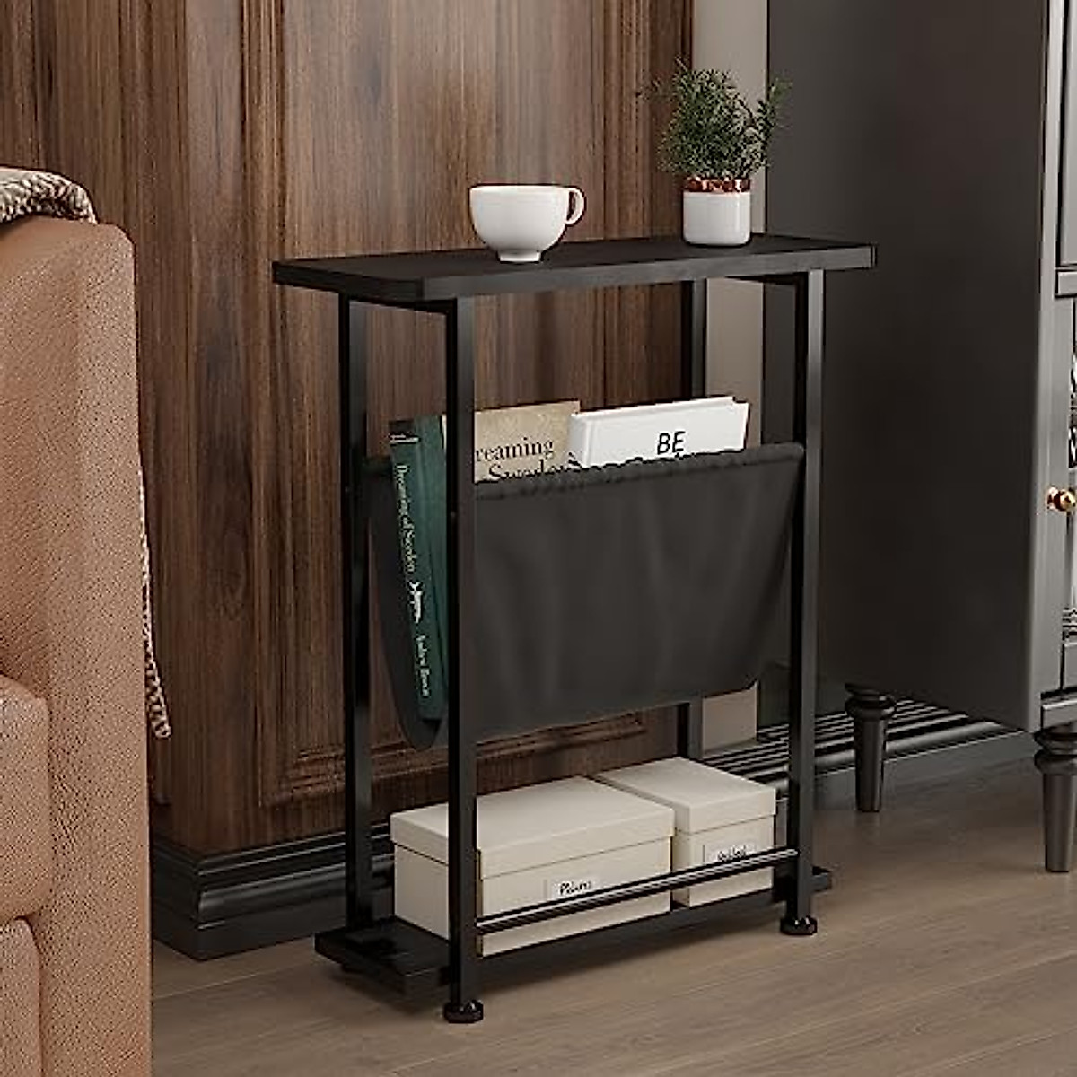 Walmokid 3 Tier Side Table with Magazine Holder, Industrial End Table with Open Storage, Wooden Bedside Table, Sofa Table, Nightstand for Living Room, Bedroom, Small Spaces, Easy Assembly, Black