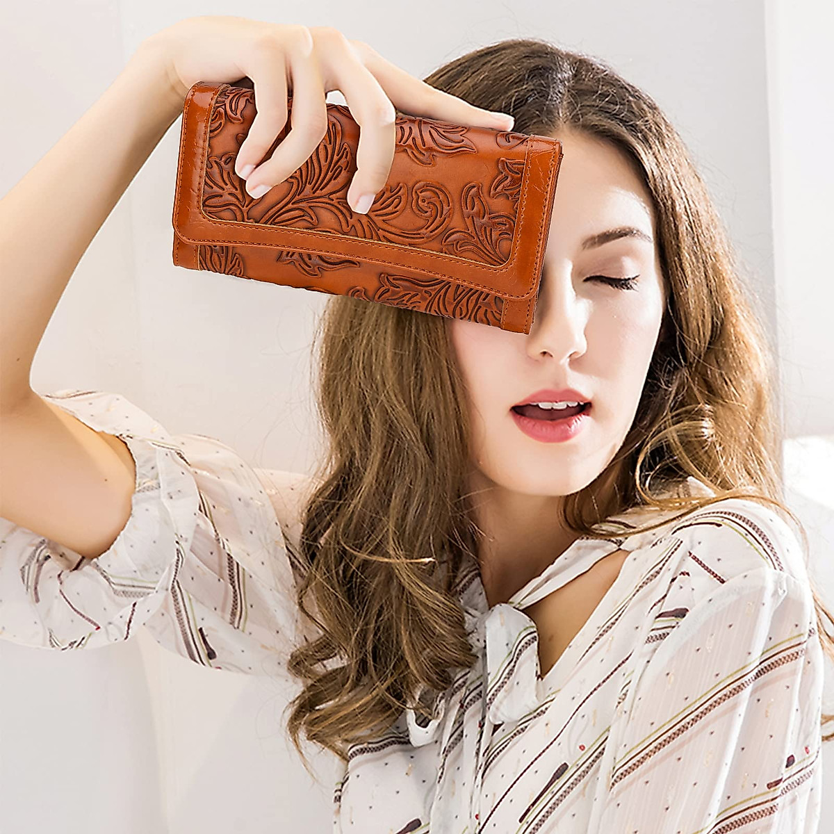 MEITRUE Women's Wallet Leather RFID Blocking Trifold Ladies Purse Embossed long Clutch Card Holder Phone Checkbook Organizer 2214