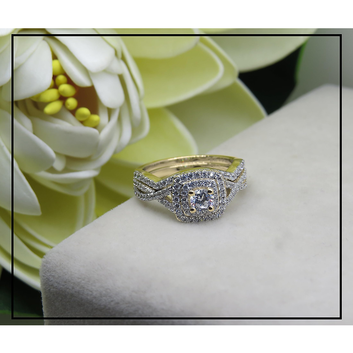 Dazzlingrock Collection 4mm Center Round Cubic Zirconia Halo Cushion Criss Cross Wedding Ring Set for Women (1.40 ctw, Color White, Clarity Clean) in 10K Yellow Gold, Size 10