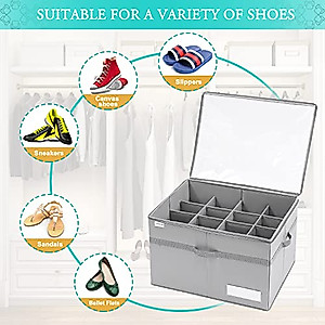 LUVHOMEE Shoe Organizer for Closet, Fits 16 Pairs, Large Shoe Box Storage Containers, Clear Foldable Shoe Storage Bins w/Bottom Support, Space Saving Shoes Holder w/Reinforced Handles, Gray