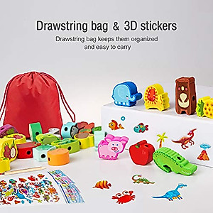 Montessori Educational Wooden Lacing Beads Toys for Toddler 3 4 5 Year Old, Farm Animals Fruits Vegetables Threading Toys Preschool Stringing Fine Motor Skills Toy for Boys Girls [with 3D Stickers]