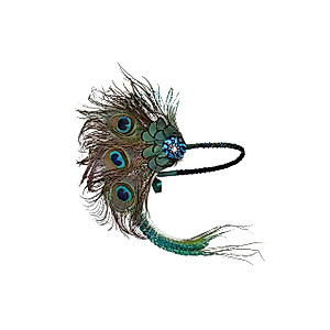 BABEYOND 1920s Flapper Peacock Feather Headband Roaring 20s Beaded Showgirl Headpiece 1920s Great Gatsby Costume Hair Accessories (Blue & Green)