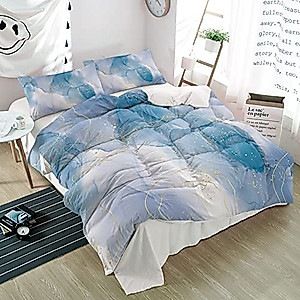Abstract Marble Twin Duvet Covers Fantasy Blue Gradient 3-Piece Bedding Sets Luxury Soft Microfiber Bed Comforter Protector with Pillow Cases for Women Men Girl Boy Gold Line Wave Point