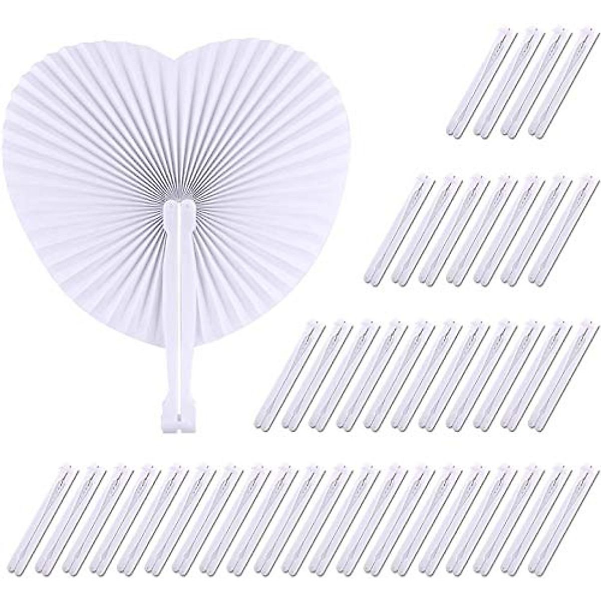 Zwin 48 Pcs Heart Shaped Paper Fans for Wedding Pocket Folding Paper Fans with Plastic Handle White Blank Fans for Guest Celebration Party Decoration