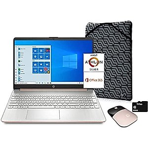 HP 2021 Pavilion 15 15.6" HD Laptop Computer, AMD Athlon Silver 3050U (Beats i3-7100U), 4GB DDR4, 128GB SSD, Webcam, USB-C, HDMI, 1 Year of Microsoft 365, Windows 10 S, Rose Gold, TiTac Accessory