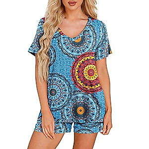 PrinStory Women's Pajama Set Short Sleeve Shirt and Shorts Sleepwear Pjs Sets with Pockets FP-Mix Blue-Small