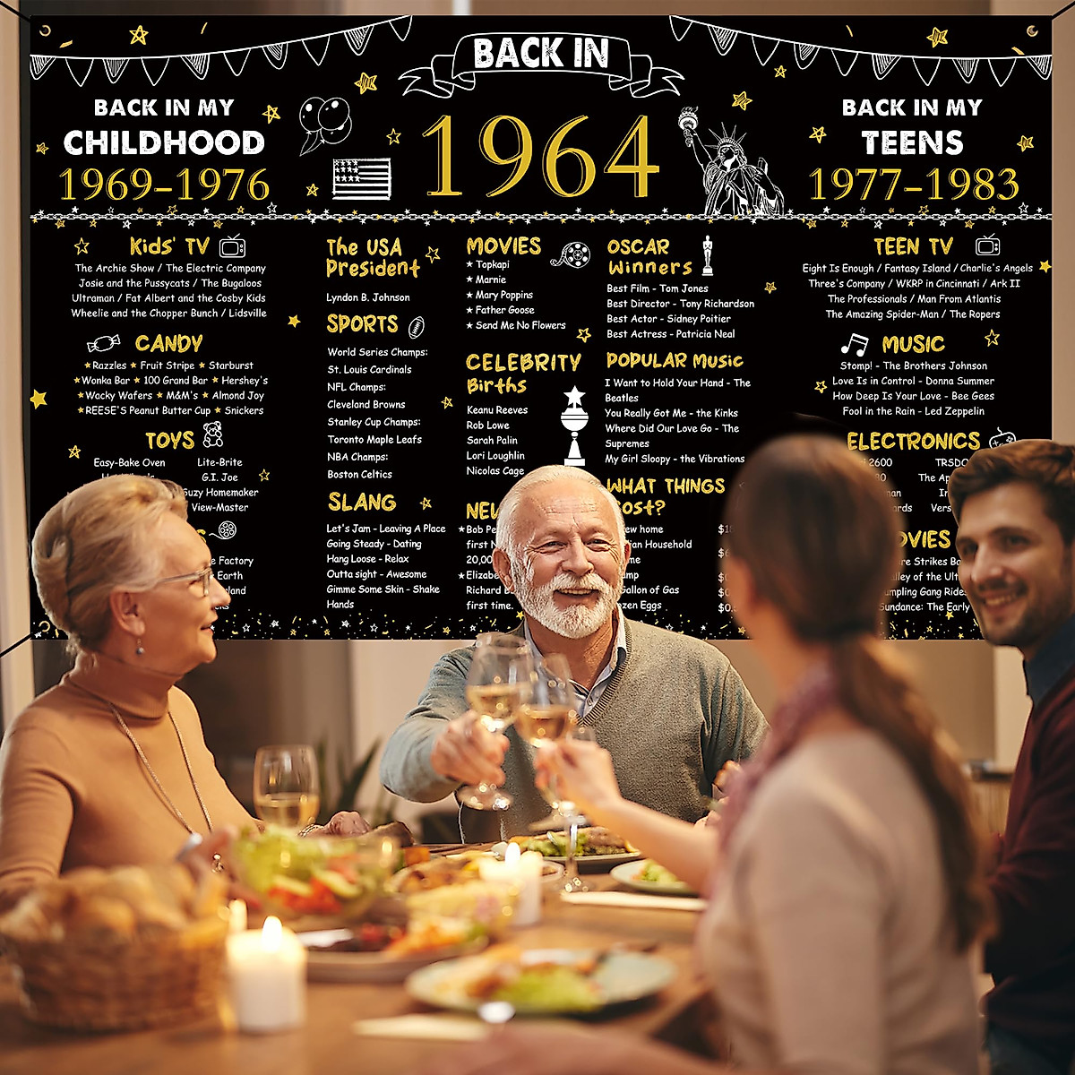 DARUNAXY 60th Birthday Black Gold Party Decoration, Back in 1964 Banner Cheers to 60 Years Old Birthday Party Poster Supplies, 6 * 3.6FT Vintage 1964 Backdrop Photography Background for Men and Women
