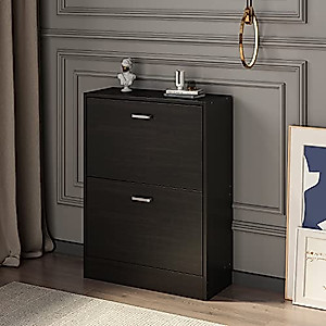 FUFU&GAGA Shoe Cabinet with 2 Flip Drawers for Entryway, Modern Shoe Storage Cabinet, Freestanding Shoe Rack Storage Organizer (23.6”W x 9.4”D x 31.4”H) (Black/Brown)