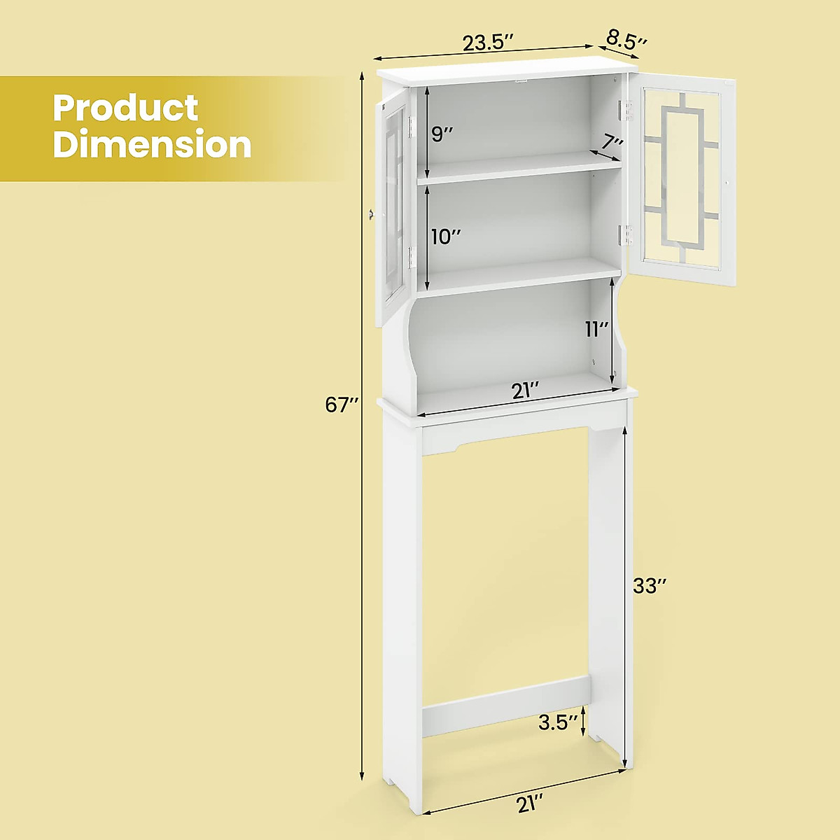 Tangkula Over The Toilet Storage Cabinet, Freestanding Over Toilet Storage Rack w/ 2 Tempered Glass Doors, Open Shelf, 3-Position Adjustable Shelf, Space-Saving Bathroom Organizer (White)