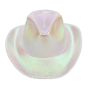 Patyhapy White Space Cowgirl Hat with Heart Glasses Women Metallic Holographic Cowboy Hats Neon Rave Sparkly Glitter Party Costume(White)