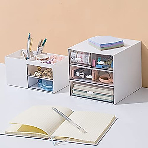 Comix Desk Organizer with Drawer, Desk Storage Box with 4 drawers, Plastic Office Stationery Supplies Organizers, Desktop Organizer for Office School Home (White)
