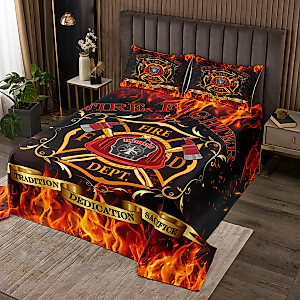 3 Piece Firefighter Theme Quilt Bedding Set Women Aldult Lightweight Bedding Burning Flame Bedspread Set Fireman Sign Bedspread Coverlet Soft Microfiber Home Quilt Set for King Bed All Season
